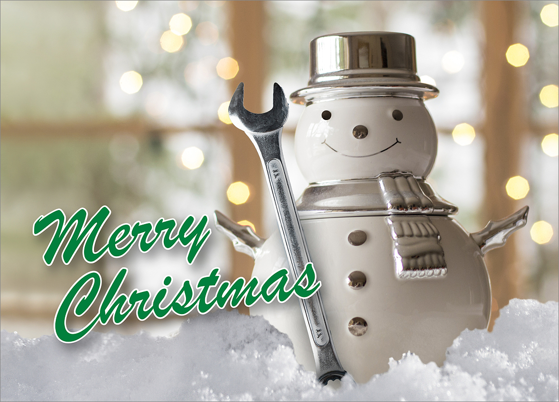Auto Mechanic Snowman Holiday Card (Glossy White) | Ziti Cards