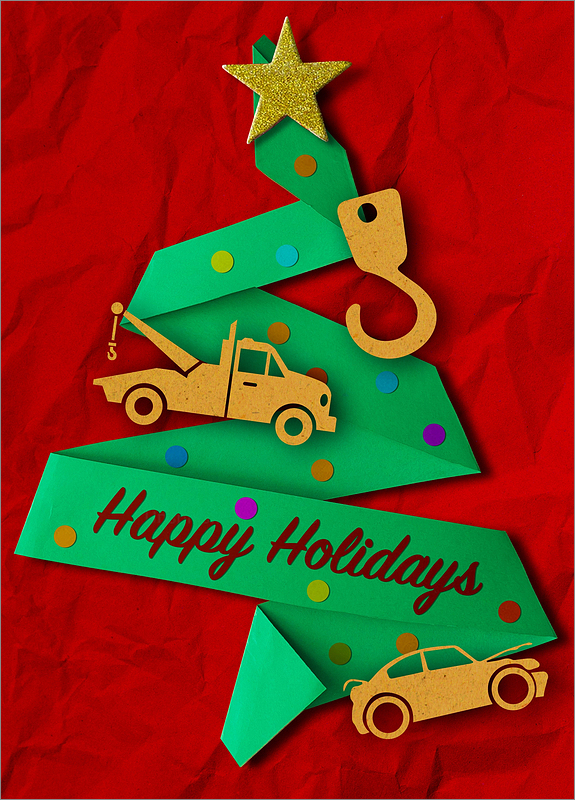 Tow Truck Green Tree Card (Glossy White) | Ziti Cards